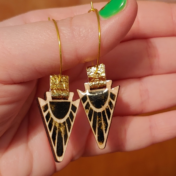 Handmade | Jewelry | Handmade Wood Inlay Stone Gold Hoop Earrings ...